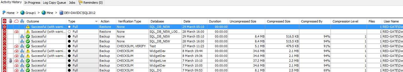 The Activity History - SQL Backup 10 - Product Documentation