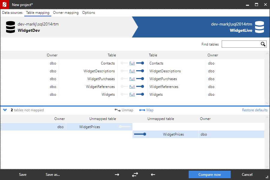 Mapping Tables And Columns SQL Compare 15 Product Documentation