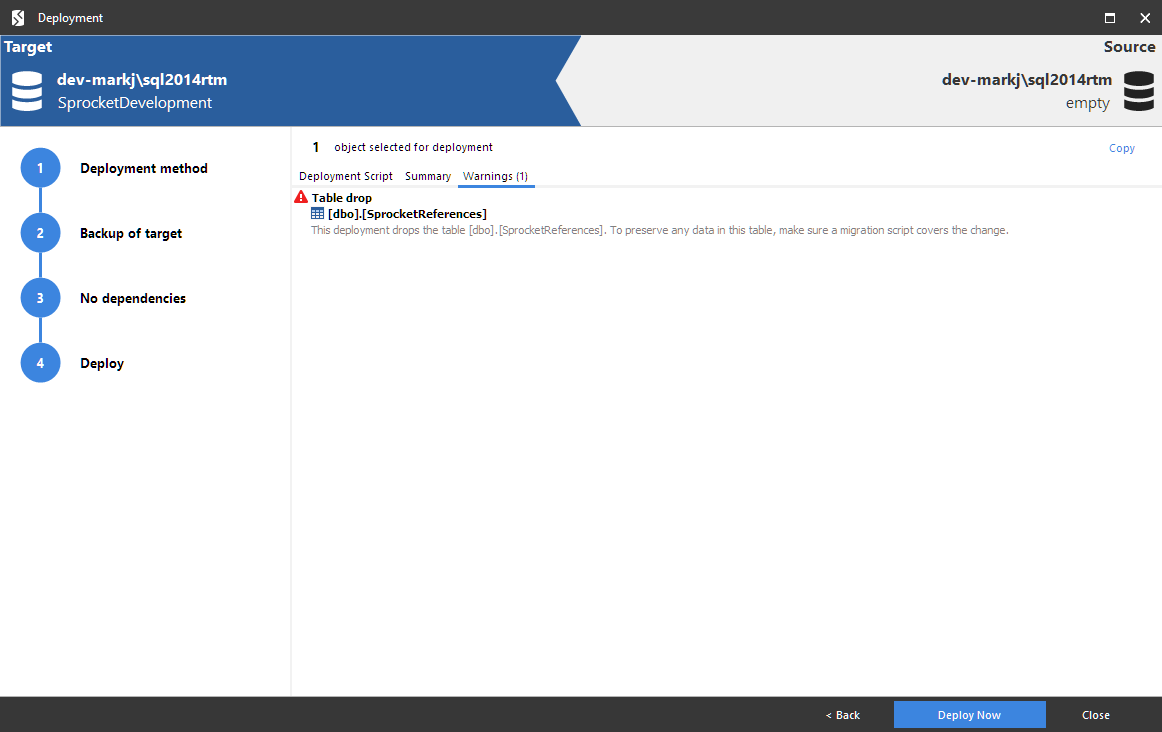 Deployment warnings - SQL Compare 16 - Product Documentation