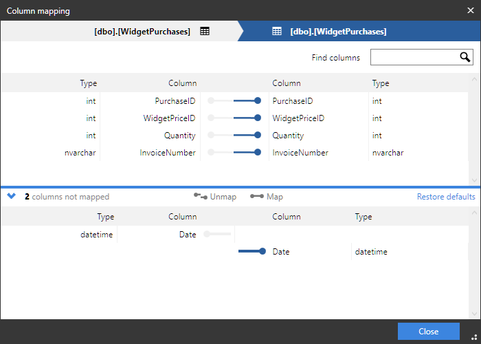 Mapping tables and columns - SQL Compare 12 - Product Documentation