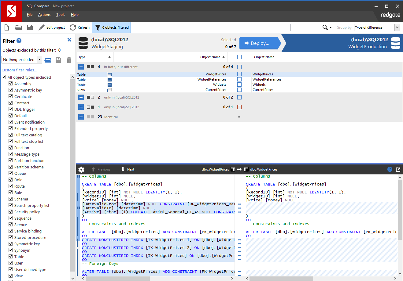 Worked example - comparing and deploying two databases - SQL Compare 14 - Product Documentation