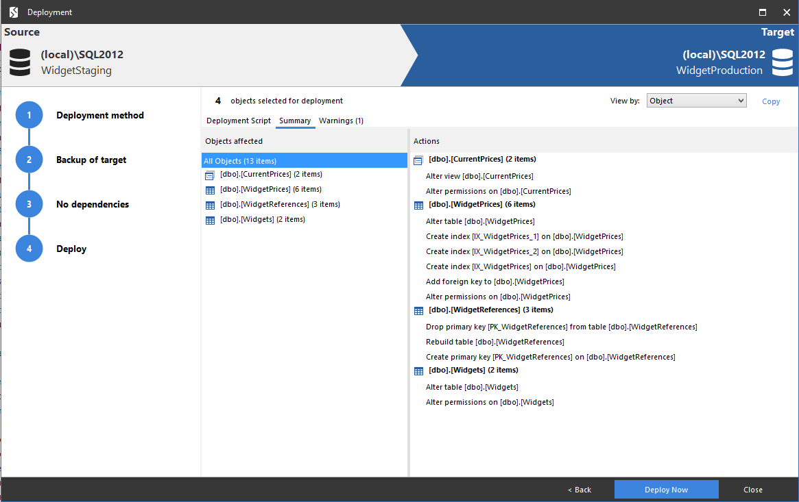 Worked example - comparing and deploying two databases - SQL Compare 15 - Product Documentation
