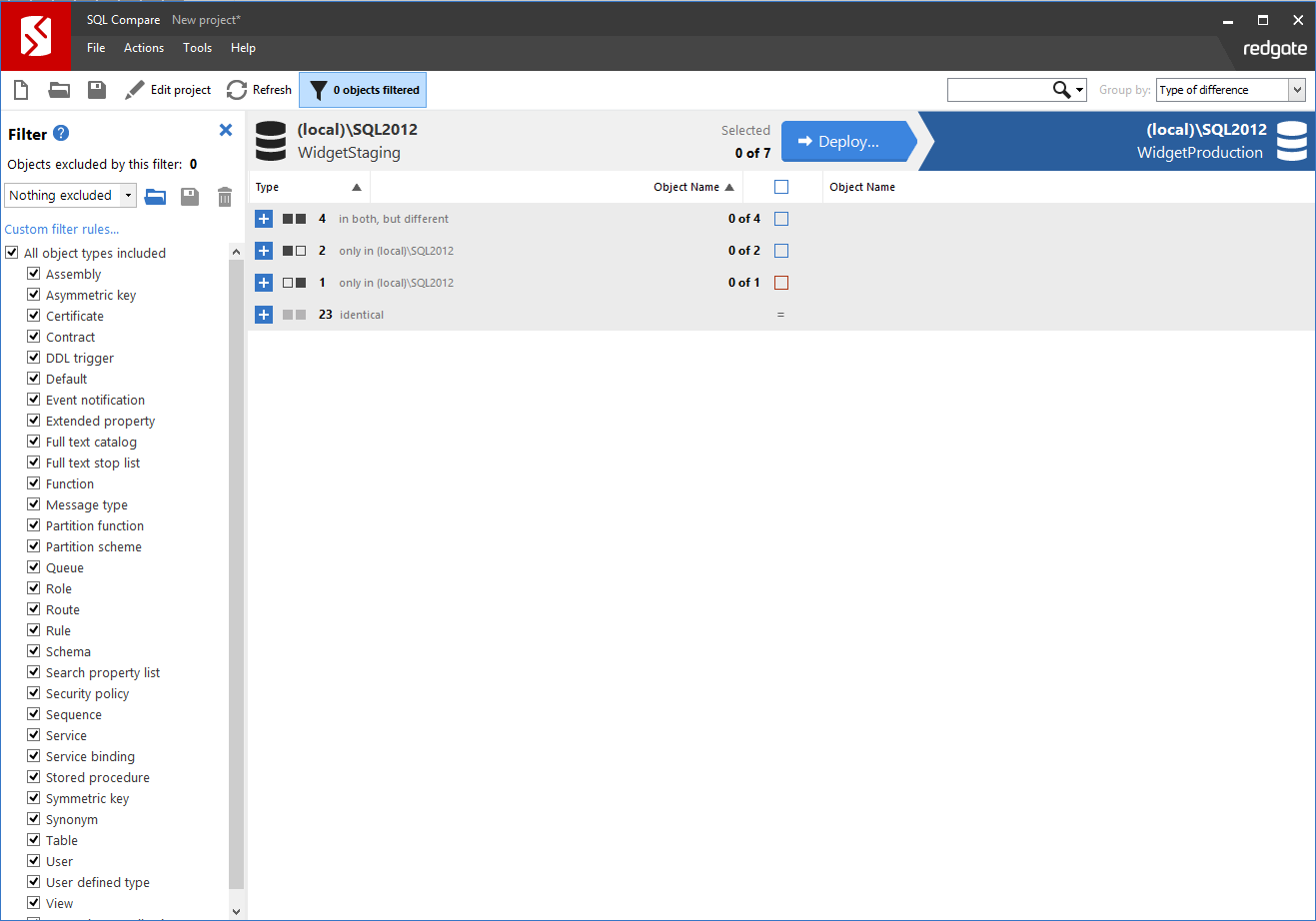 Worked example - comparing and deploying two databases - SQL Compare 16 ...