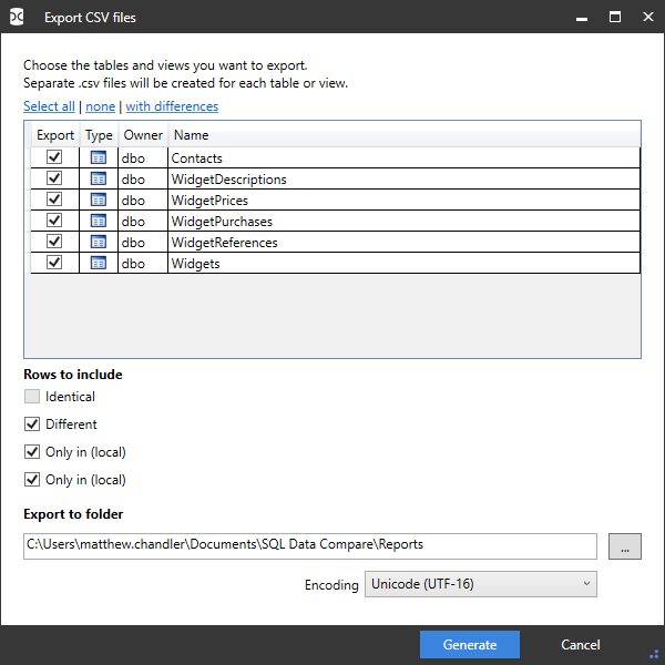 Exporting the comparison results - SQL Data Compare 16 - Product Documentation