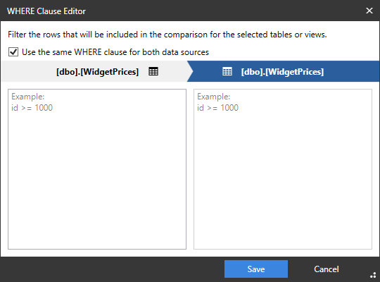 Filtering the comparison with a WHERE clause - SQL Data Compare 14 - Product Documentation